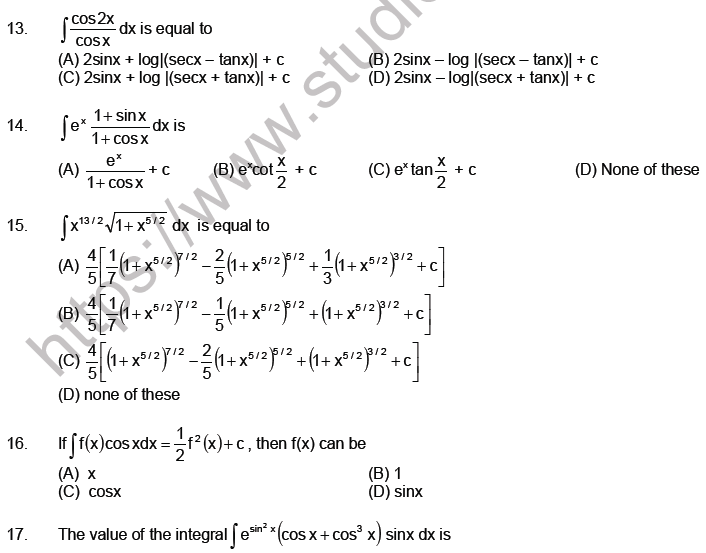 JEE Mathematics Indefinite Integrals MCQs Set A with Answers